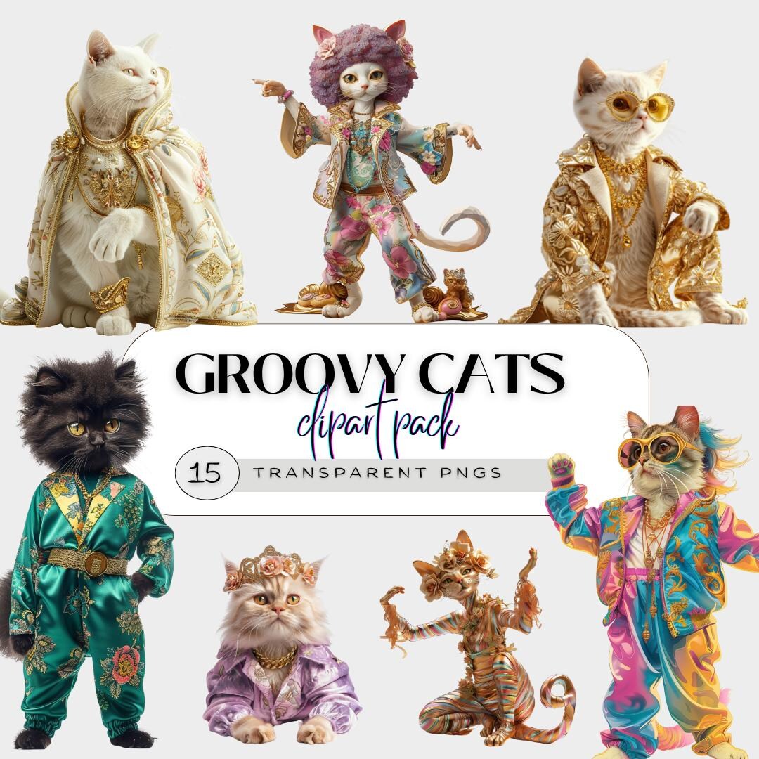 Groovy Cats – Retro Disco Cat Clipart | Art Nouveau Cat PNG | 70s Cat ...