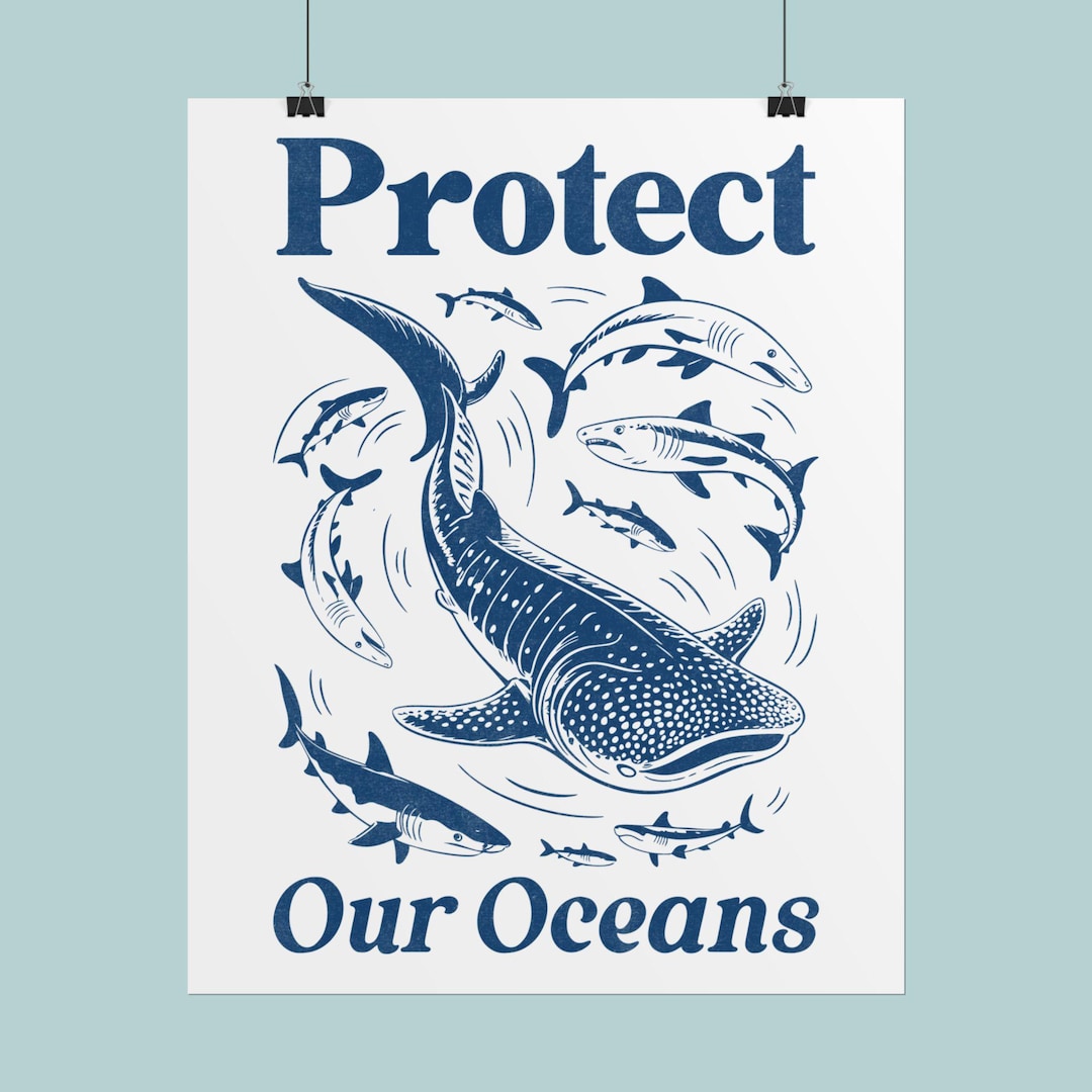 Protect Our Oceans Blue Shark Ocean Wildlife Illustration Rolled Poster ...