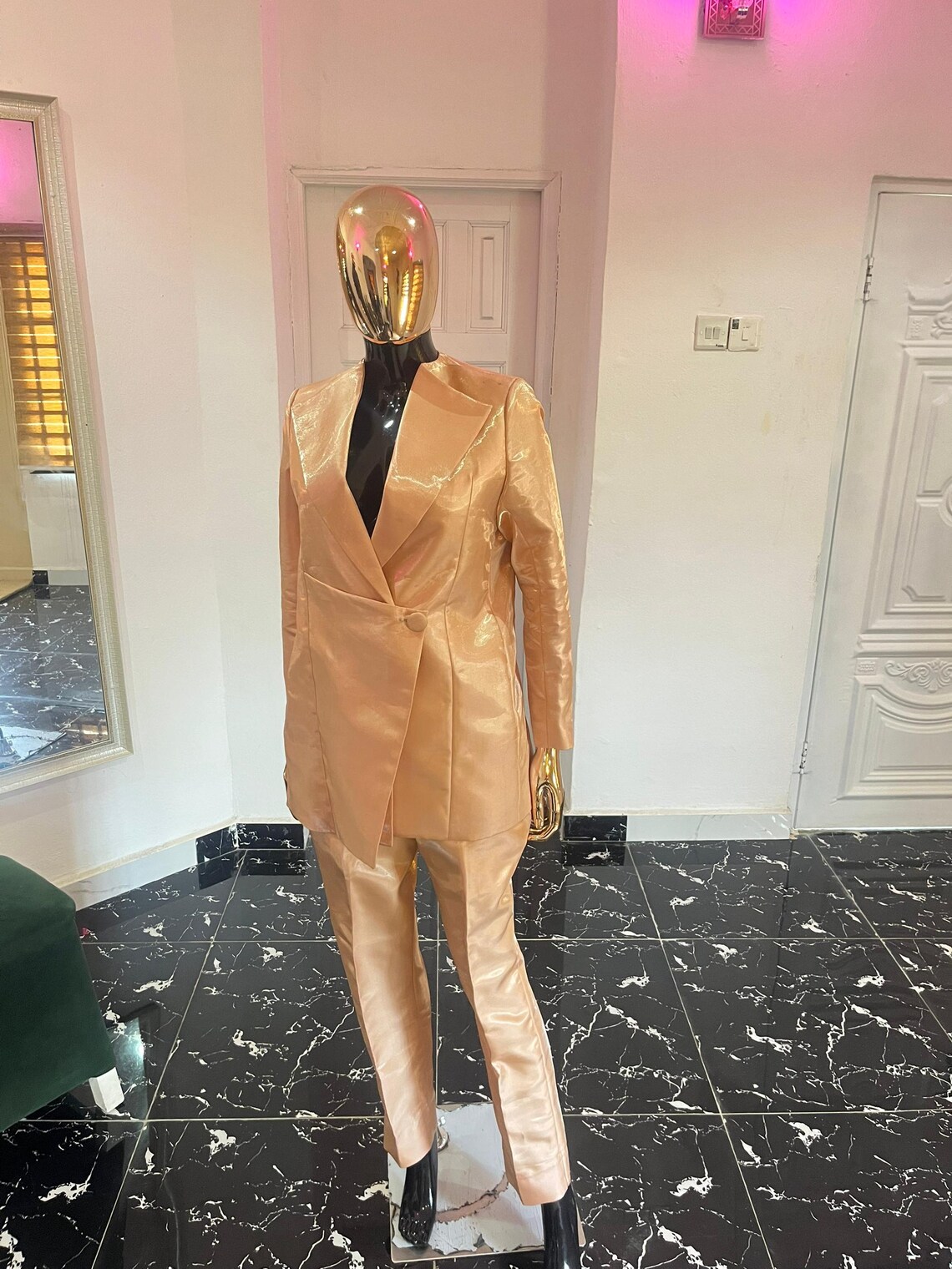 Peach Pant Suit : Liquid Organza Blazer & High-waist Pants – Formal ...