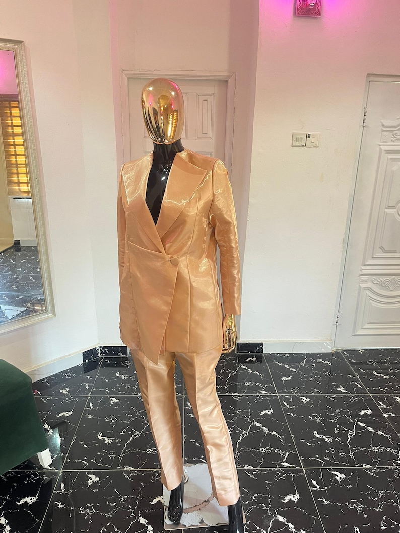 Peach Pant Suit : Liquid Organza Blazer & High-waist Pants – Formal ...