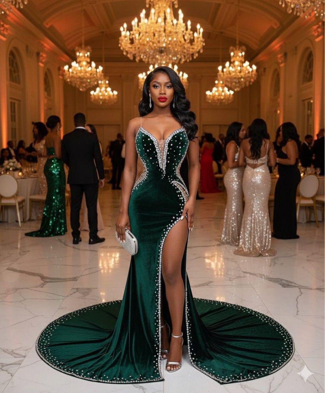 Emerald Green Velvet Mermaid Gown: Rhinestone Off-shoulder Prom Dress ...