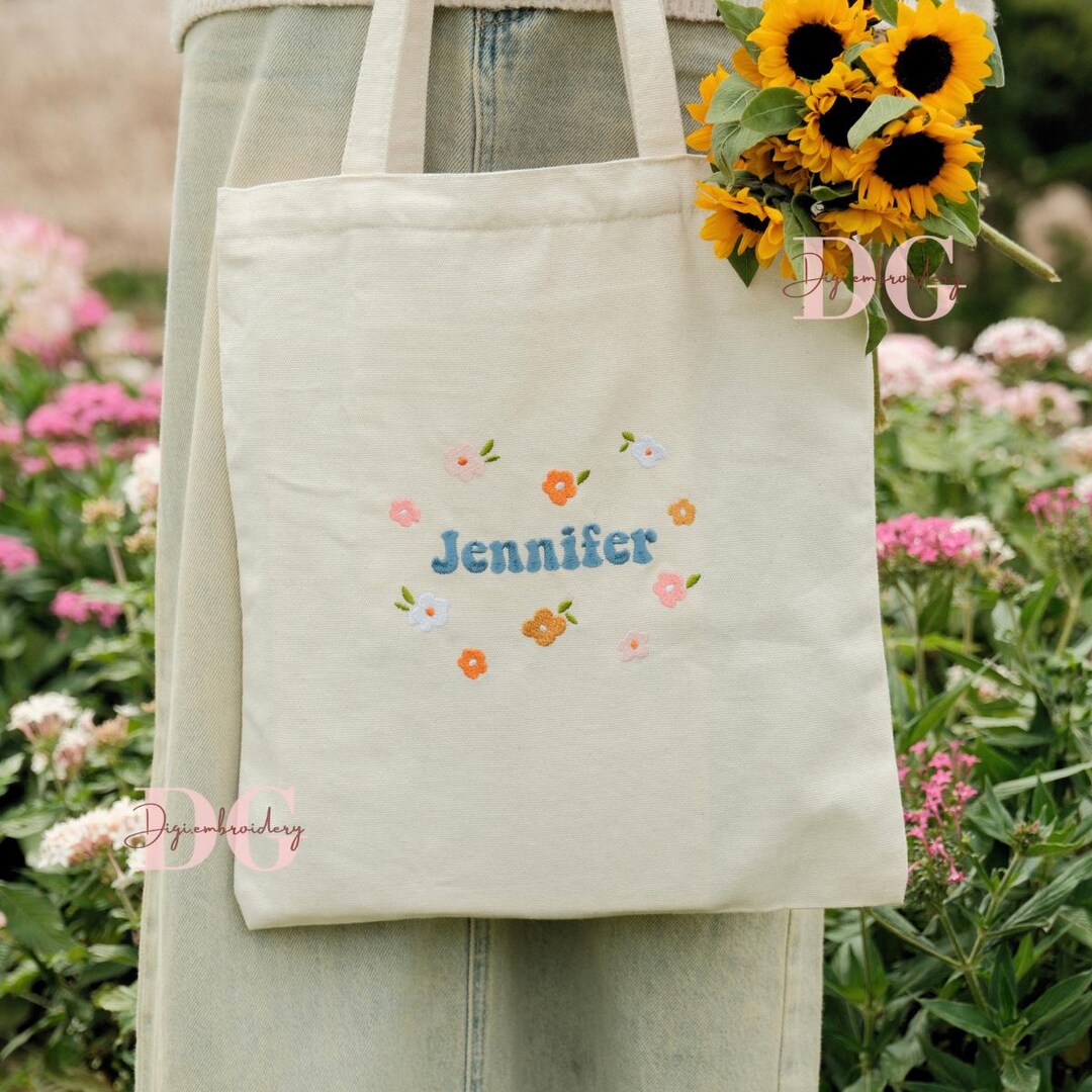 Personalized Embroidered Tote Bag, Custom Name Bag, Floral Embroidery ...