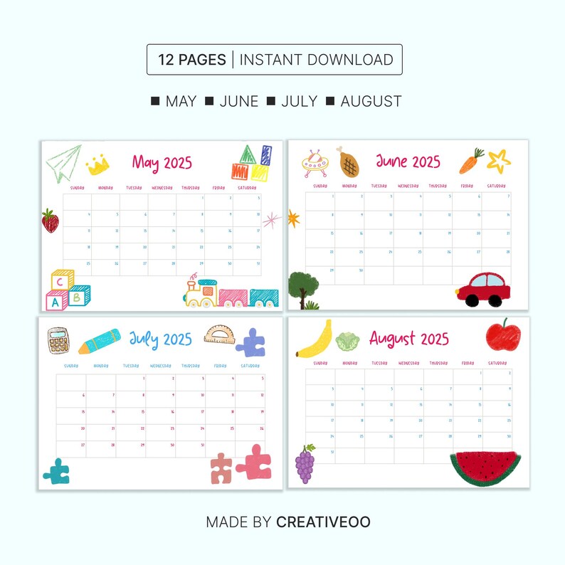 2025 Kids Monthly Planner, PDF Kids Calendar, Daycare Schedule ...