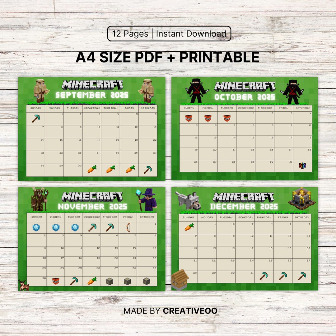 2025 Calendar Minecraft Printable, Cute Kids Calendar 2025, Wall ...