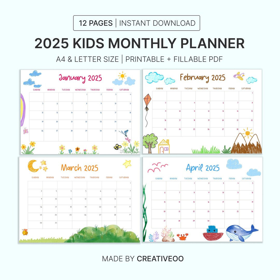 2025 Kids Monthly Planner, PDF Kids Calendar, Daycare Schedule ...