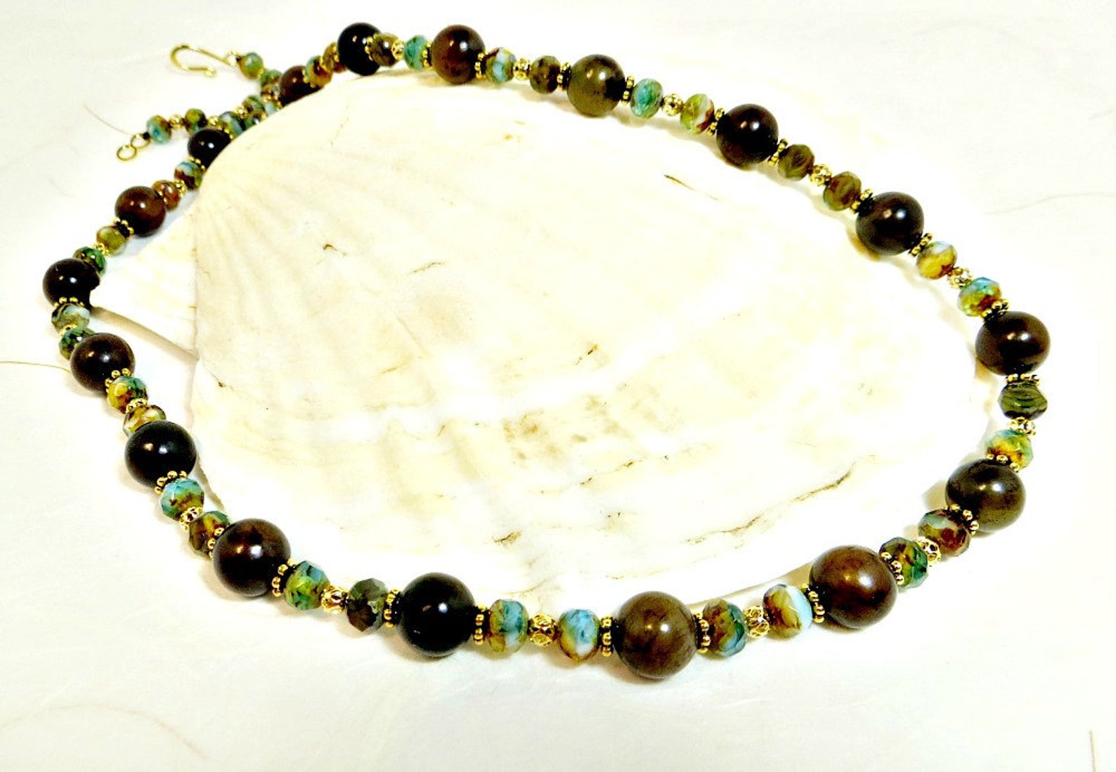 Burnt Jade, Aqua Picasso Glass, and Gold Filigree Necklace - Etsy