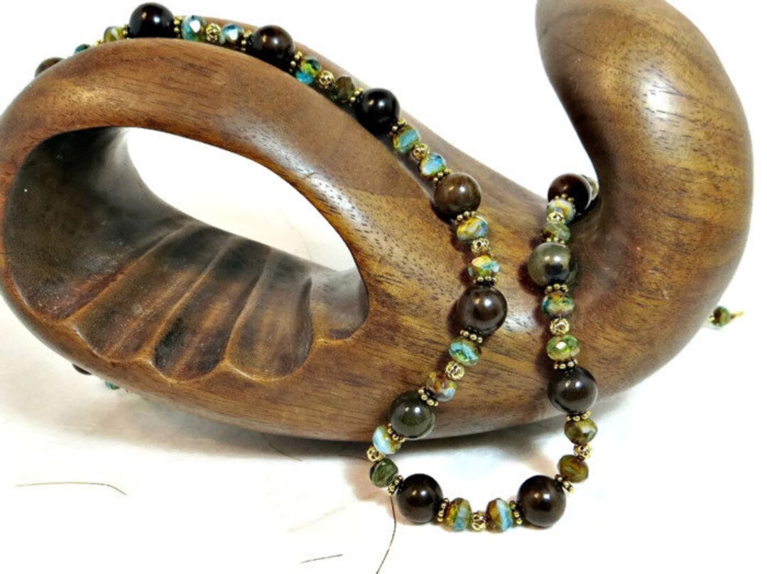 Burnt Jade, Aqua Picasso Glass, and Gold Filigree Necklace - Etsy