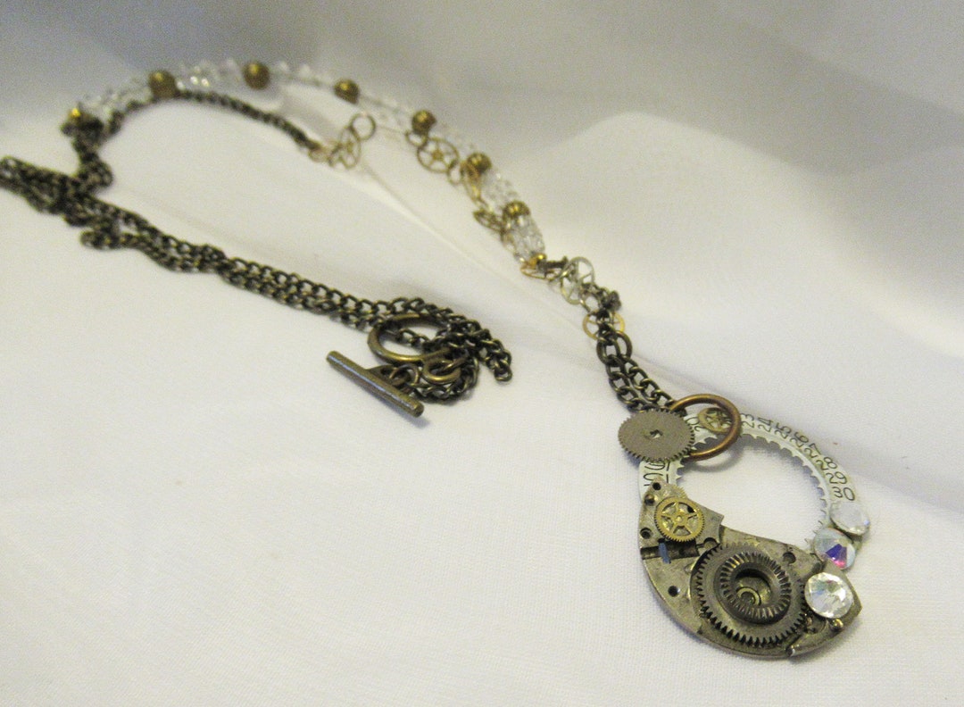 OOAK Steampunk Vintage Watch Parts Pendant With Clear Swarovski ...
