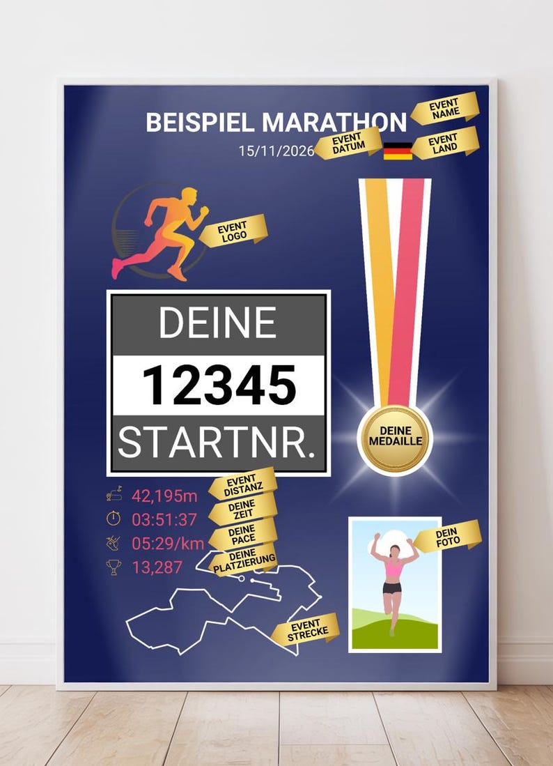 Personalized Marathon Wall Art With Medal & Start Number – Running ...
