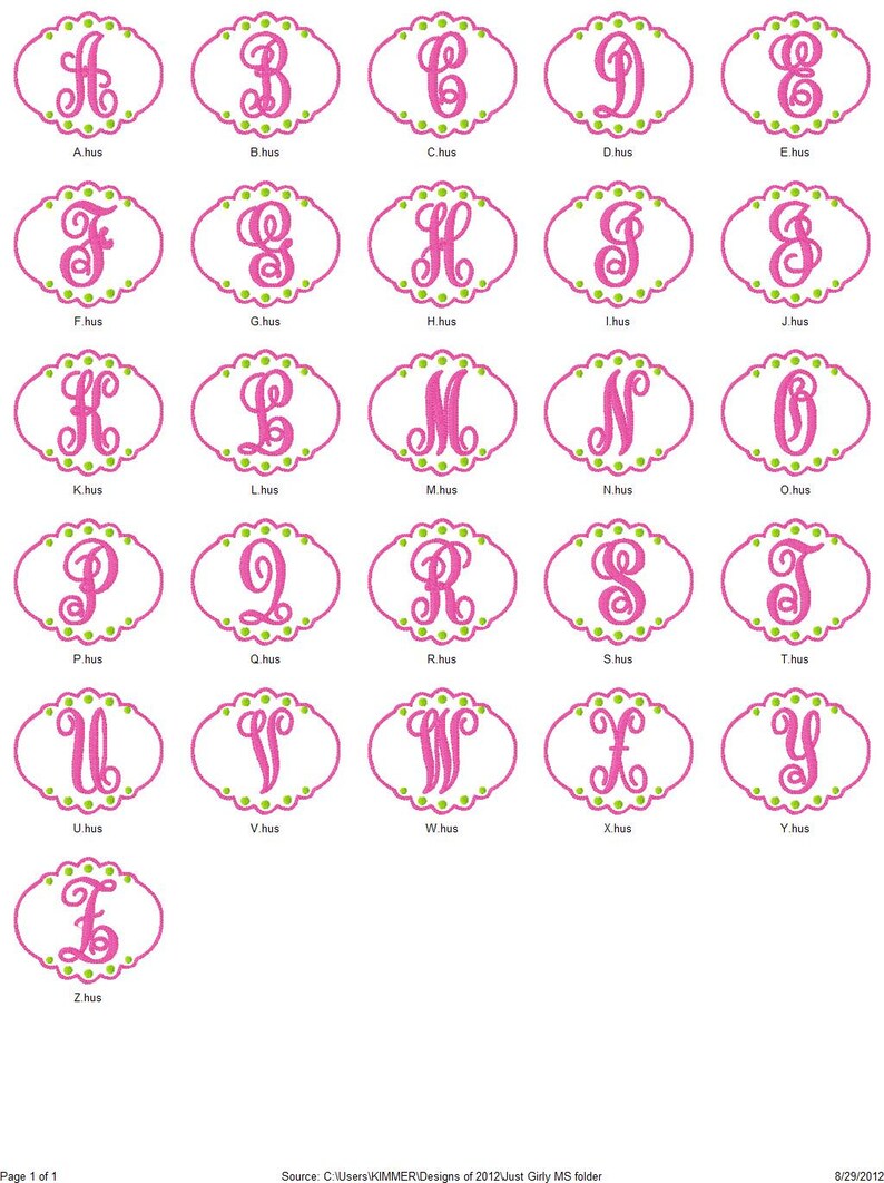 Girly Machine Embroidery Monogram Font Design Set // Oval with | Etsy