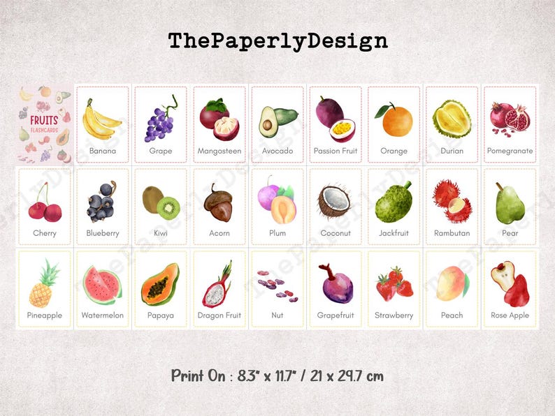 Fruit Flashcards : 26 Common Fruits for Kids (digital Download A4 Size ...