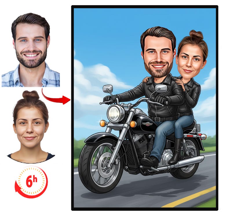 Custom Chopper Couple Cartoon Portrait From Photo | Personalized Biker ...