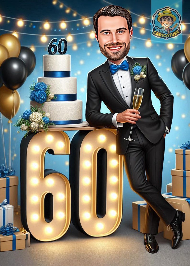 Custom 60th Birthday Man Cartoon Portrait | Personalized Caricature ...