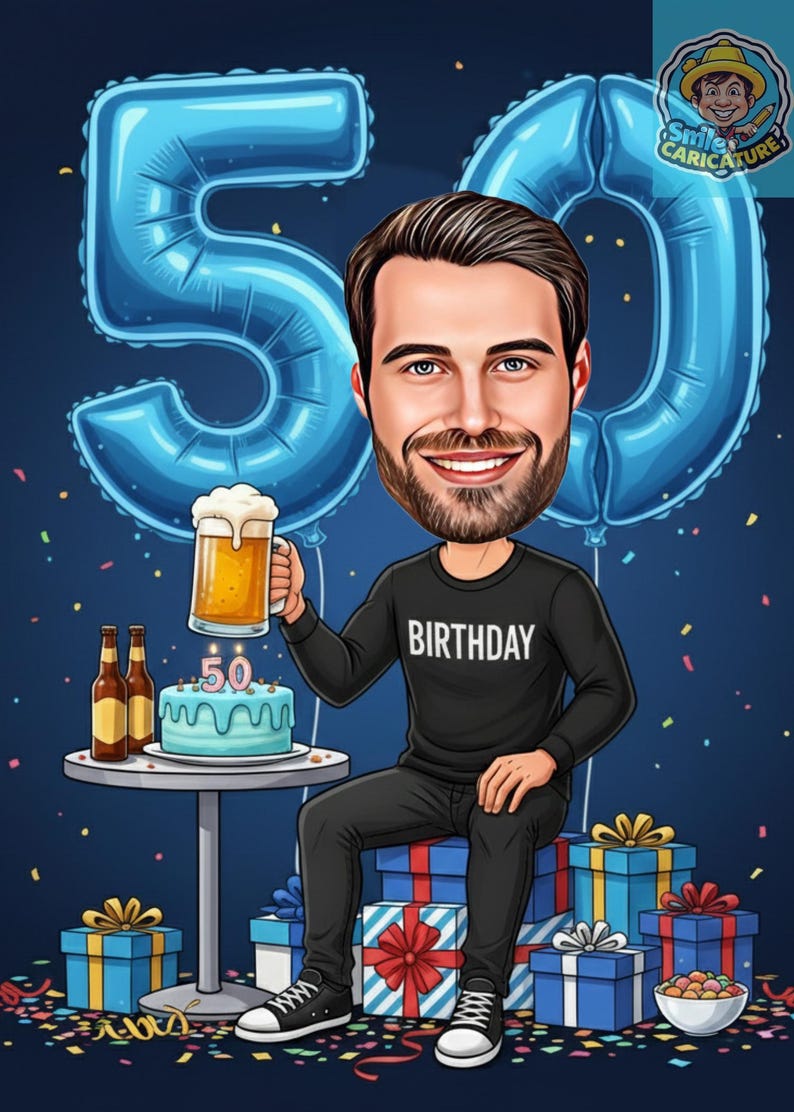 Personalized 50th Man Cartoon Portrait, 50th Birthday Caricature ...