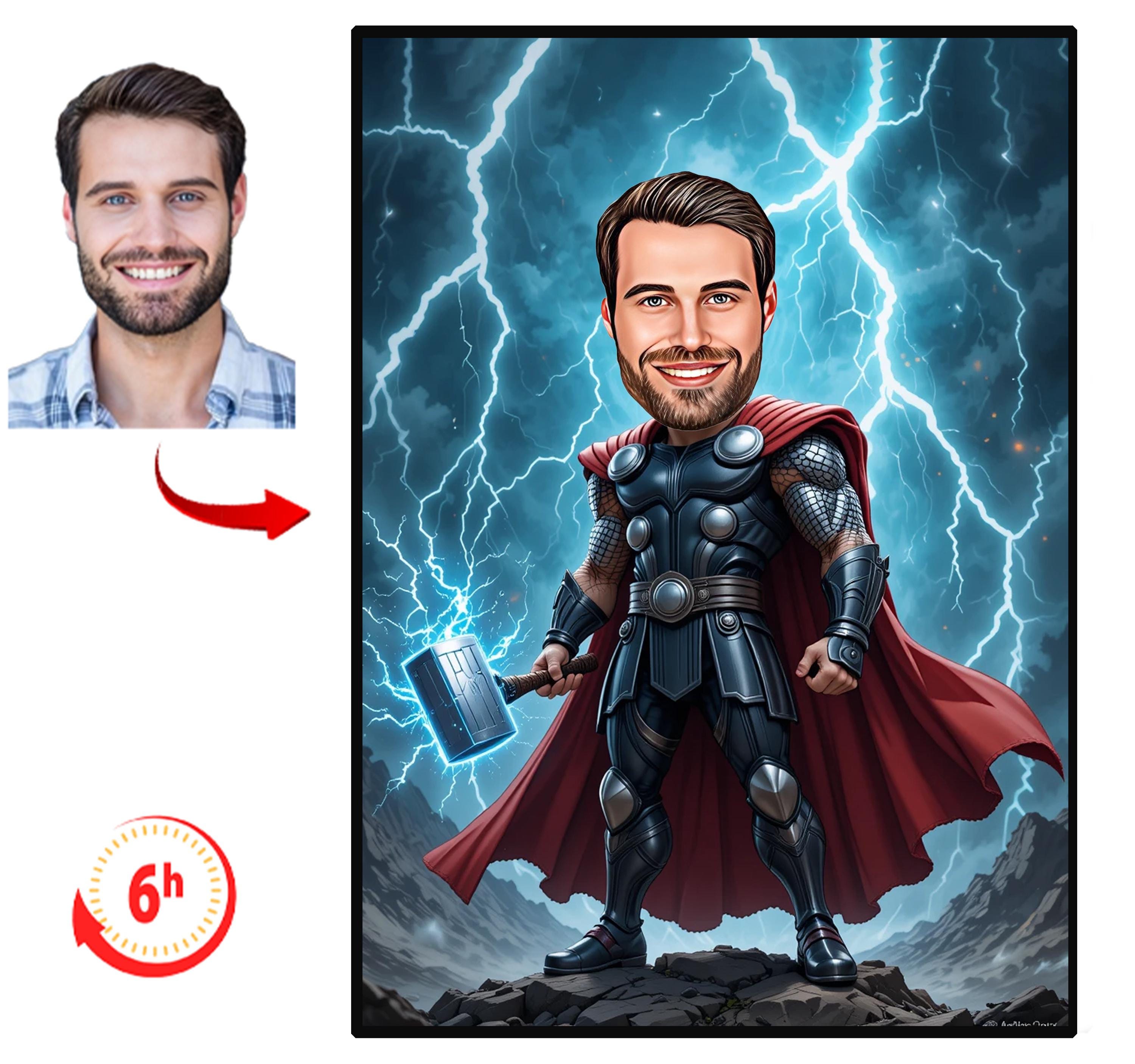 Personalized Superhero Cartoon Portrait, Thor Portrait, Custom Cartoon ...