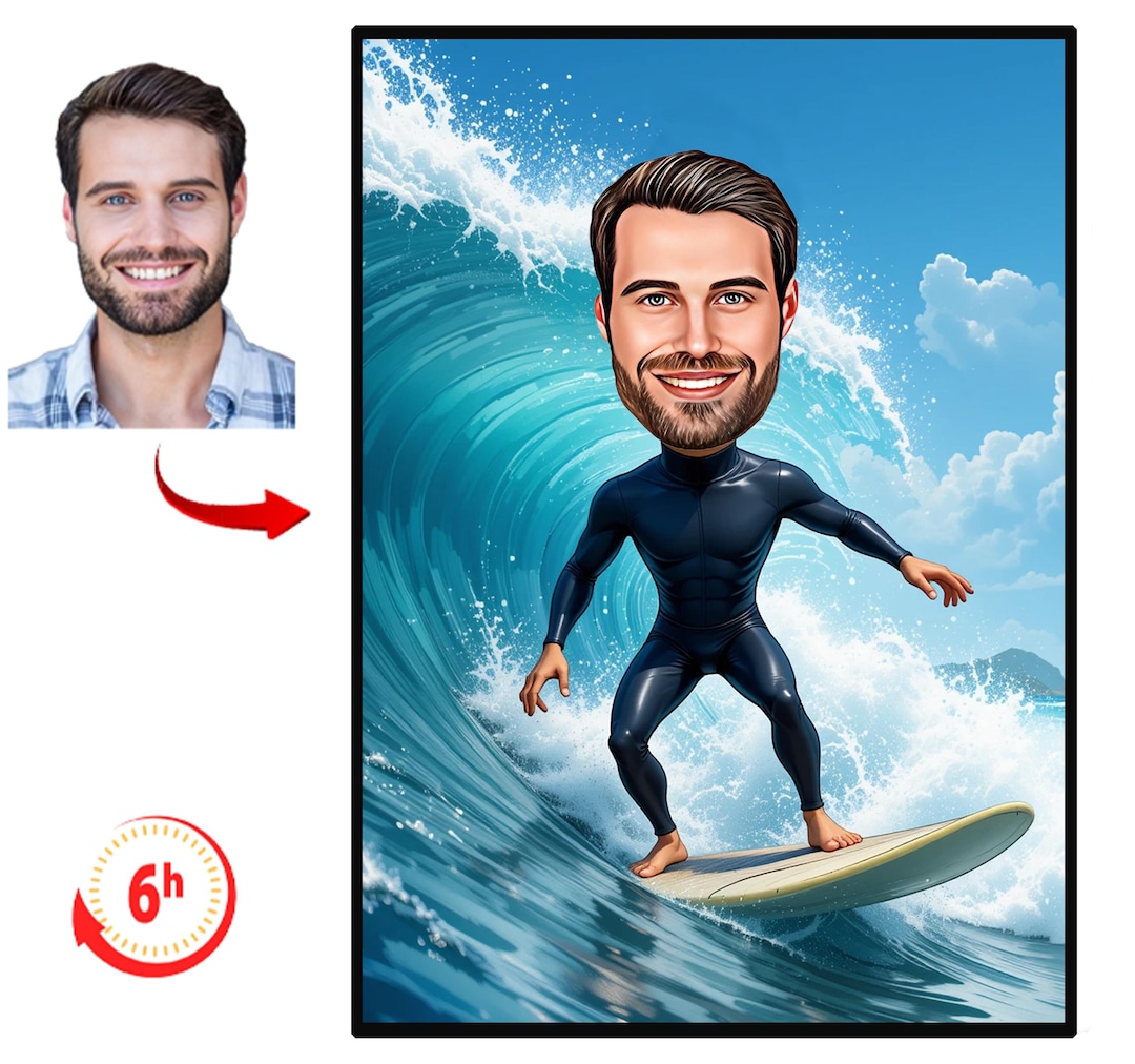 Custom Surfer Cartoon Portrait | Personalized Surfer Drawing | Gift for ...