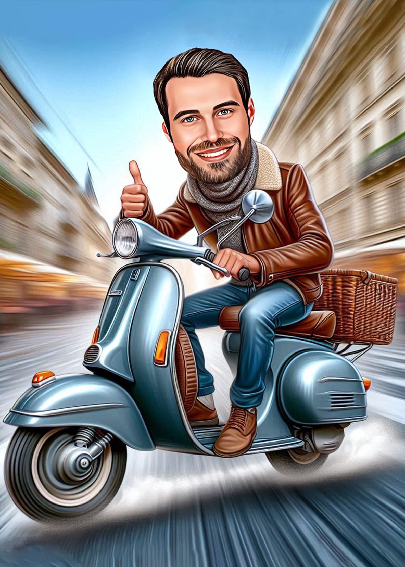 Personalised Scooter Cartoon Portrait, Custom Vespa Caricature Drawing ...