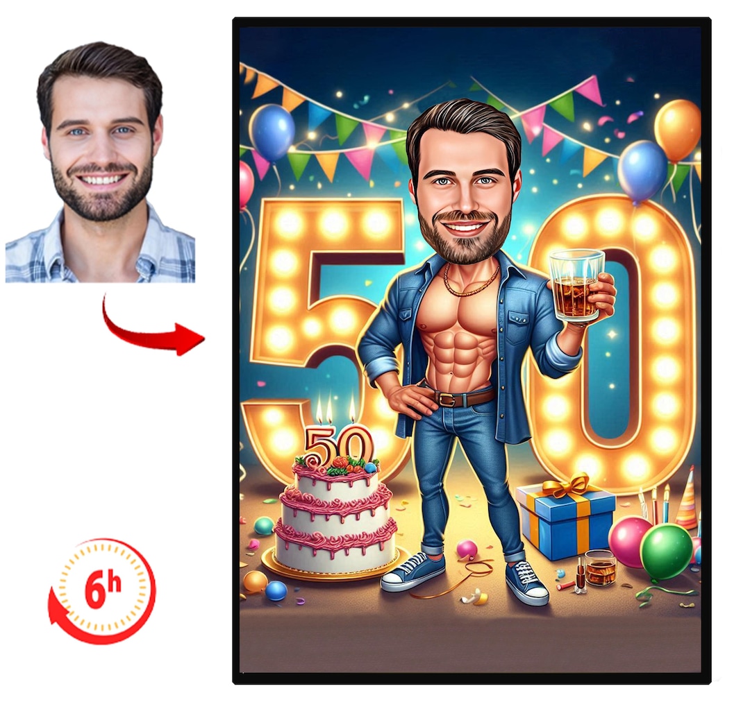 Custom 50th Cartoon Portrait | 50th Caricature | Personalized Happy ...