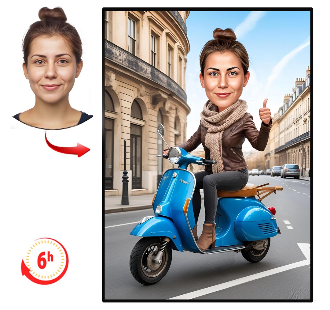 Custom Scooter Cartoon Portrait, Personalised Vespa Caricature Drawing ...