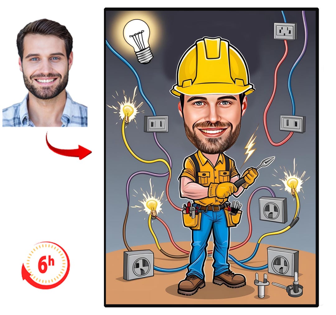 Electrician Gift - Custom Caricature From Photo, Electrician Cartoon ...