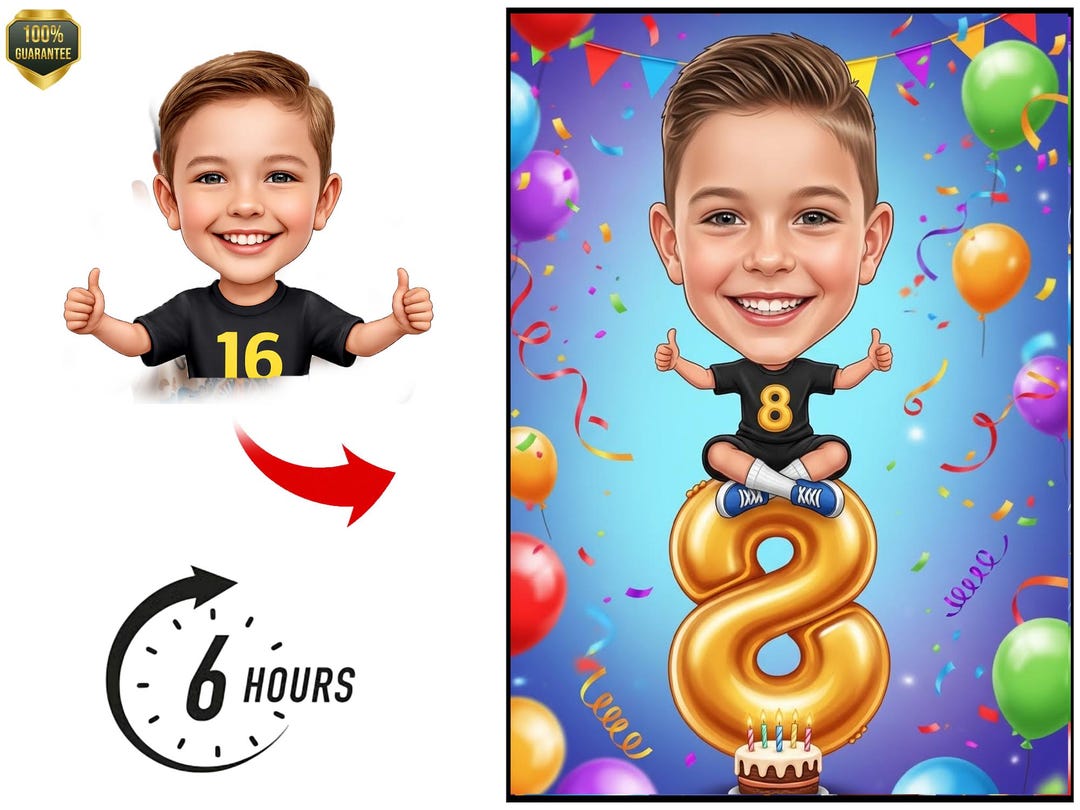 Custom 8th Birthday Cartoon Caricature From Photo | Personalized Kids ...