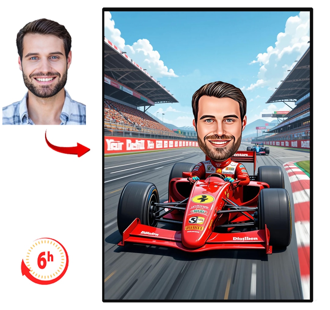 Custom Male Formula 1 Caricature, Cartoon Portrait From Photo, Ferrari ...