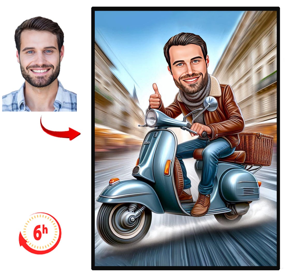 Personalised Scooter Cartoon Portrait, Custom Vespa Caricature Drawing ...