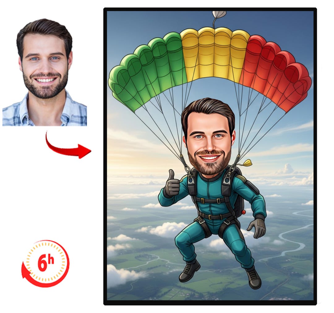 Custom Skydiver Cartoon Portrait From Photo | Skydiver Caricature Gift ...