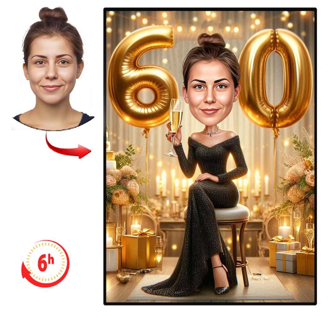 Custom 60th Cartoon Portrait | 60th Caricature | Personalized Happy Birthday Caricature Drawing ...