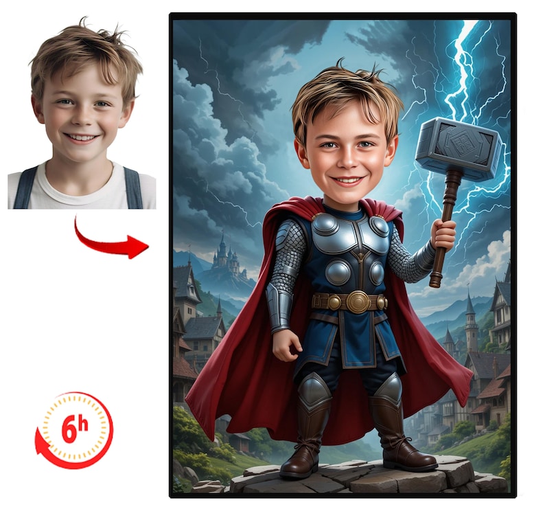 Personalized Superhero Cartoon Portrait, Thor Portrait, Custom Cartoon ...