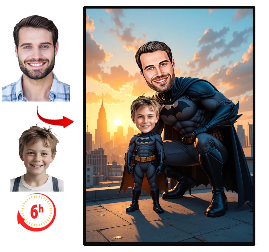 Custom Super Dad and Son Cartoon Portrait, Super Dad Portrait, Dad's ...