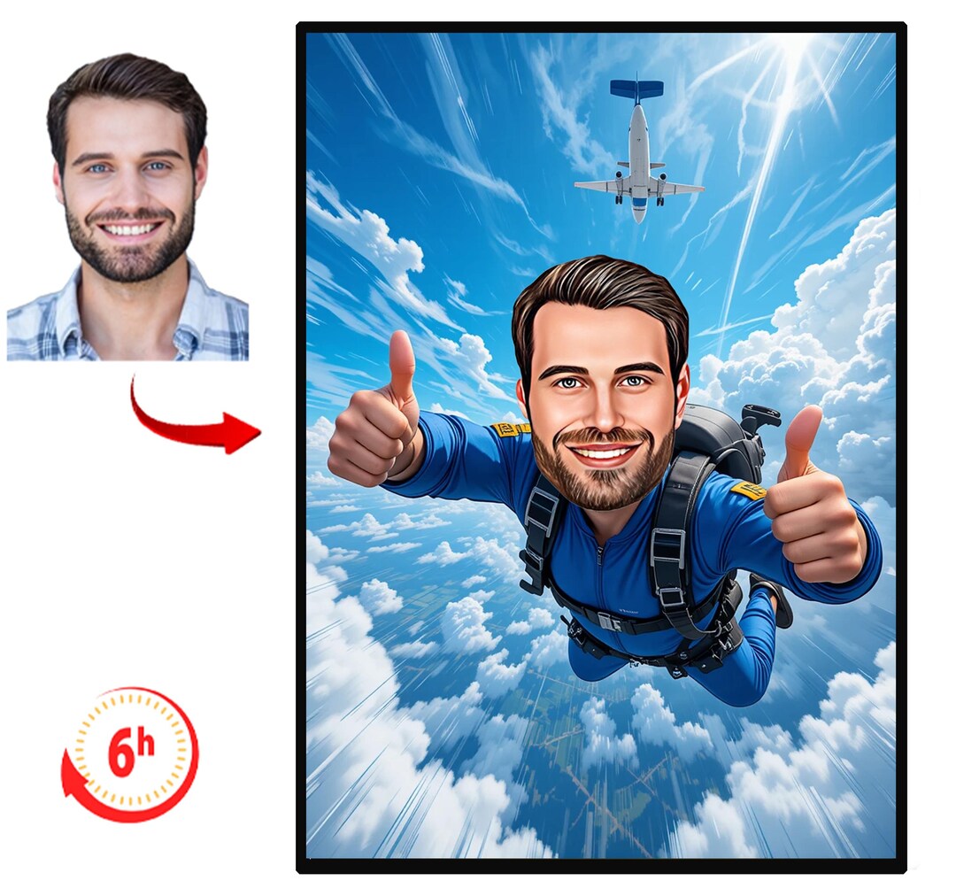 Custom Skydiver Cartoon Portrait, Skydiver Caricature, Skydiver Gift ...
