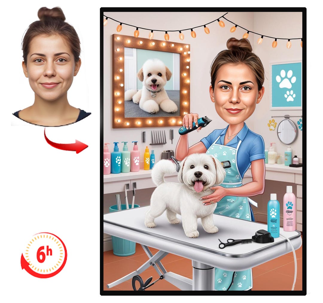 Pet Groomer Cartoon Portrait From Photo, Funny Pet Groomer Gift for ...