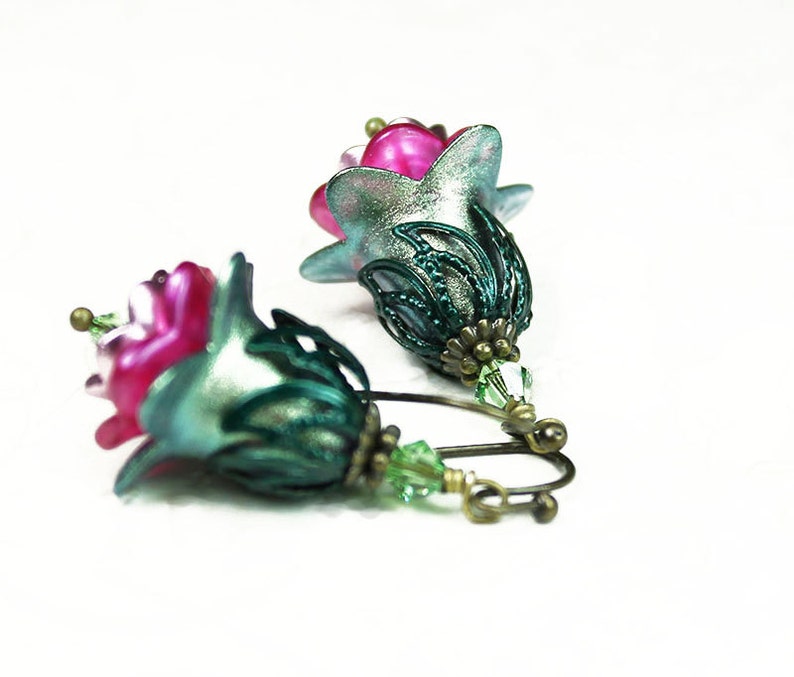 Vintage Style Hand Dyed Lucite Flower Earrings In Pinks And Greens