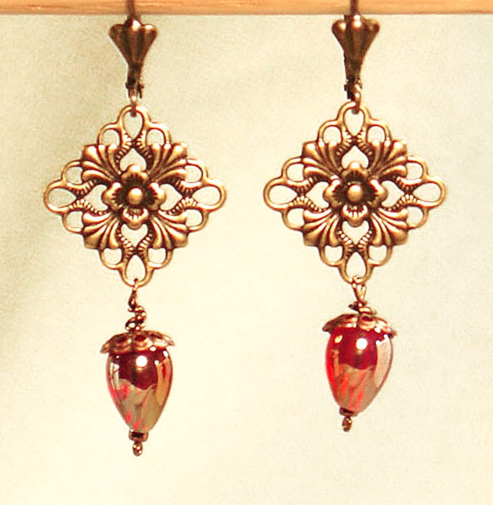 Victorian Style Antiqued Brass Filigree With Iris Red Teardrop Earrings ...