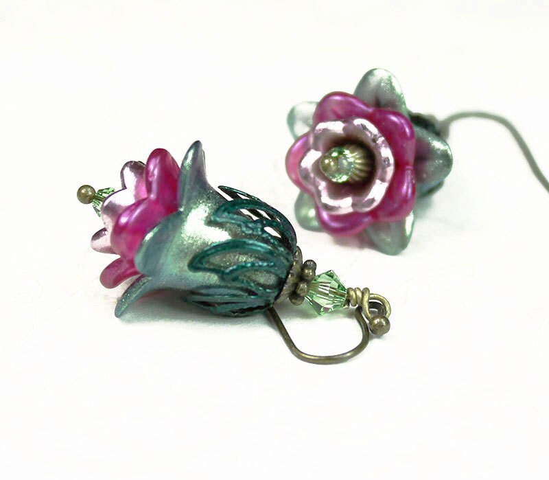 Vintage Style Hand Dyed Lucite Flower Earrings In Pinks And Greens
