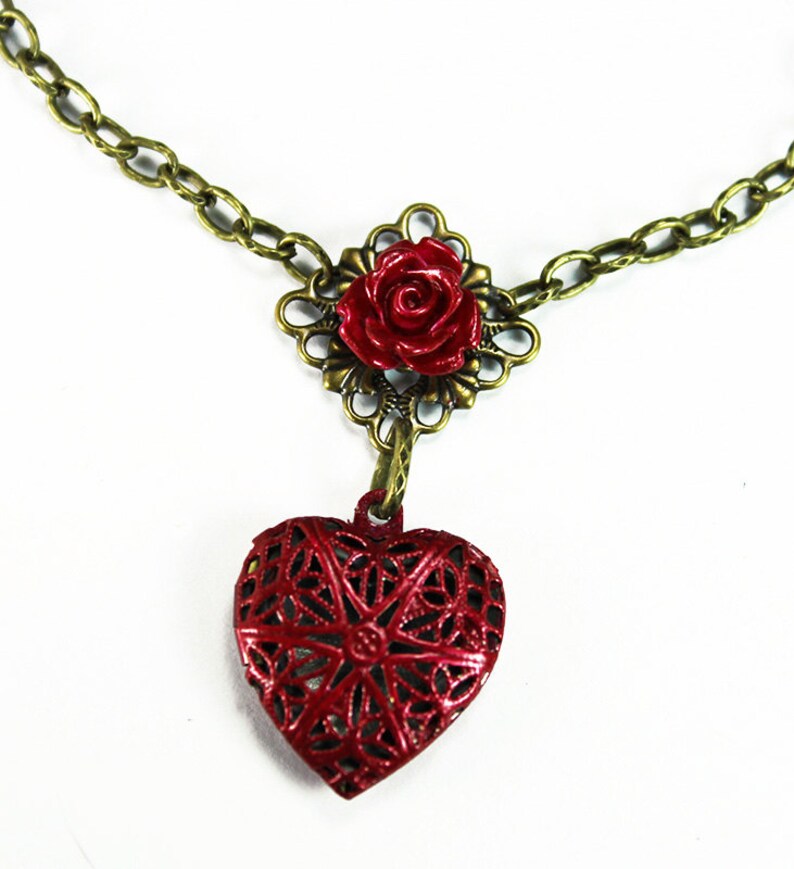 Red Heart Filigree Locket With Red Rose on Filigree Necklace - Etsy