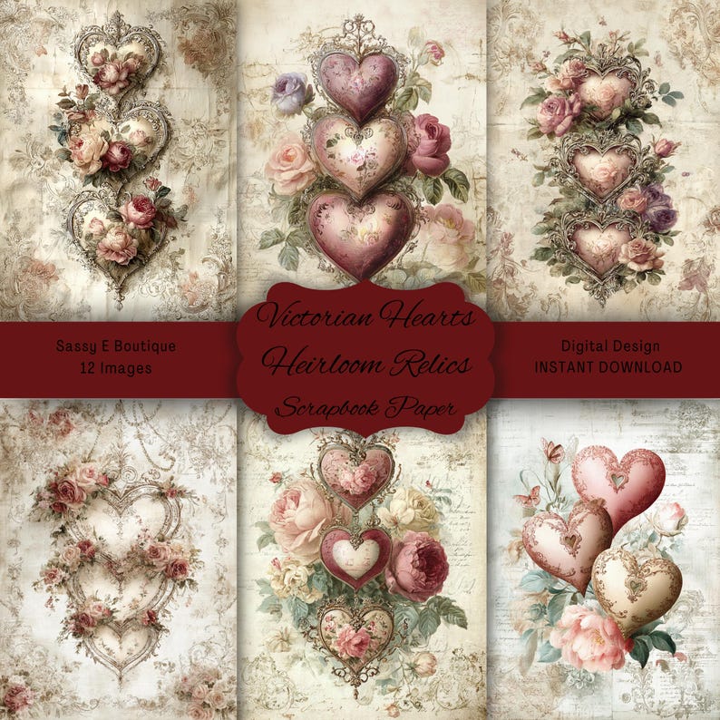 Victorian Hearts Heirloom Relics: 12 PNG, Scrapbook Paper, Journal ...