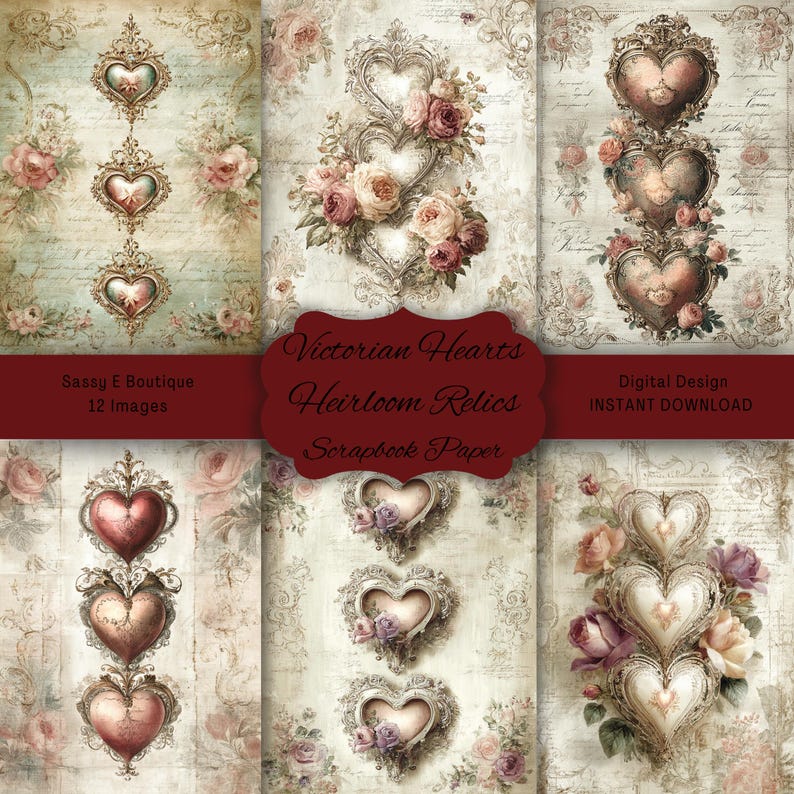 Victorian Hearts Heirloom Relics: 12 PNG, Scrapbook Paper, Journal ...