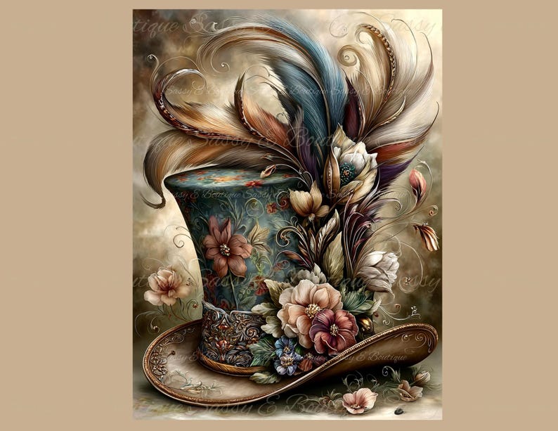 Victorian Floral Feather Hat - 1 PNG, Junk Journal, Card Making ...