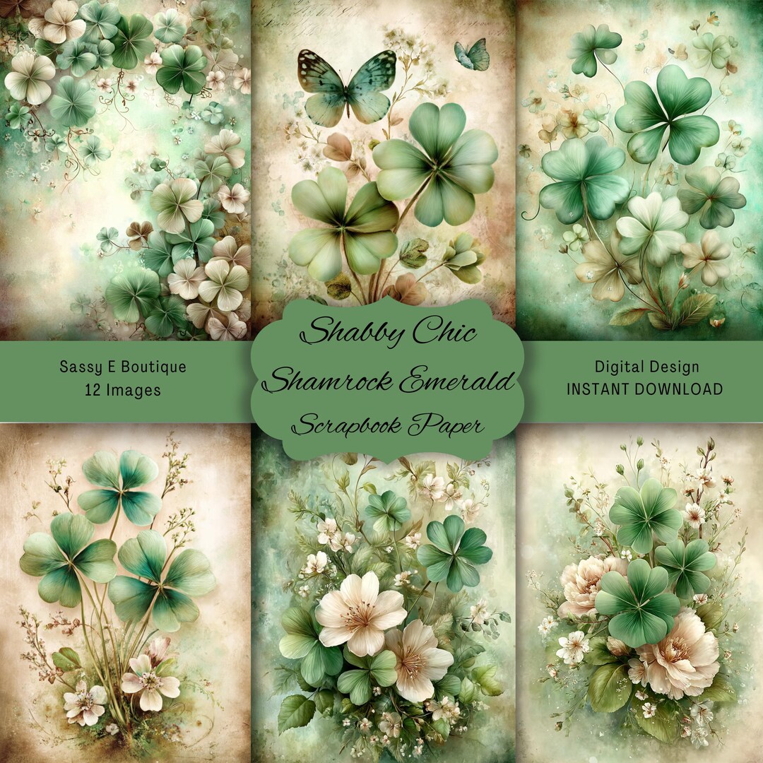 Shabby Chic Shamrock Emerald: 12 Images, Scrapbook Paper - Etsy