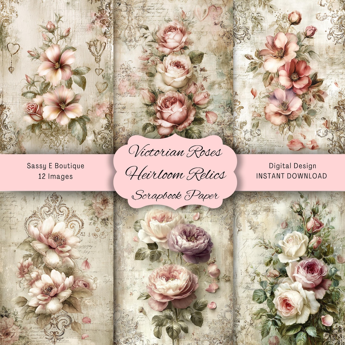 Victorian Roses Heirloom Relics: 12 PNG, Scrapbook Paper - Etsy