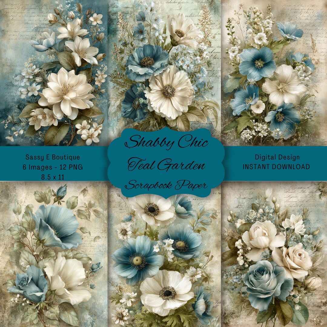 Shabby Chic Teal Garden: 6 Images -12 PNG, 8.5 X 11 Horizontal ...