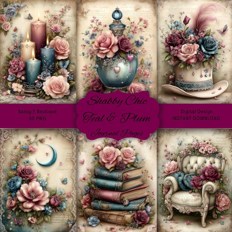 Shabby Chic Teal & Plum: 30 PNG, Journal Pages, Scrapbook Paper - Etsy