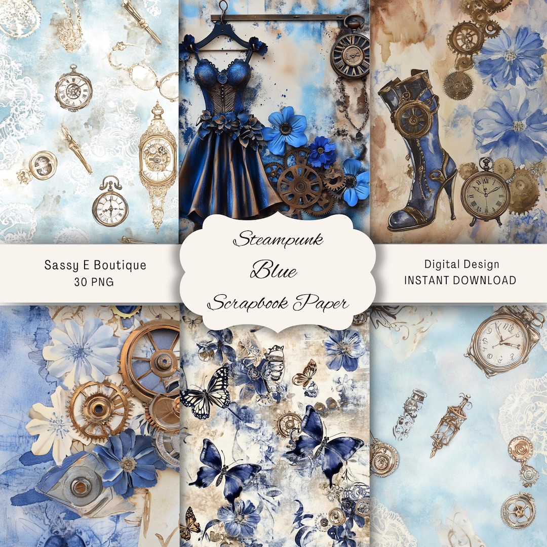 Steampunk Blue Scrapbook Paper: 30 PNG, 5 ZIP Files, Journal, Fussy ...