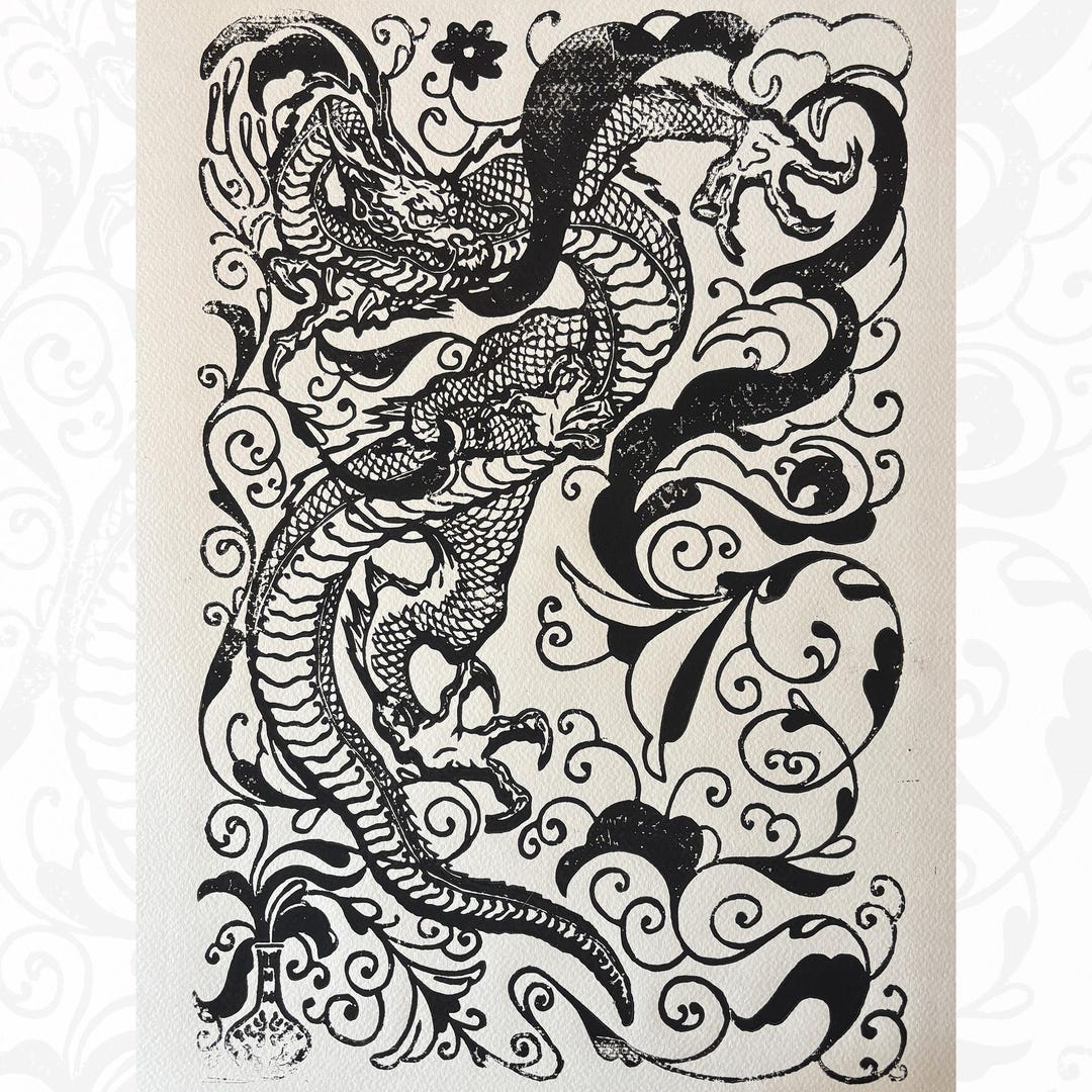 Vines Dragon Original Linocut Print | Hand-pulled Japanese Mythology ...