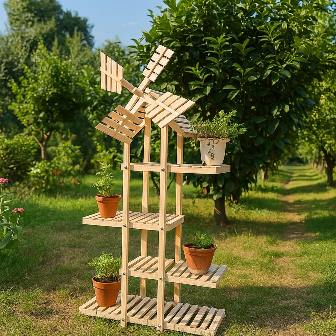 Natural Wooden Windmill Plant Stand | Multi-tier Flower Pot Holder ...