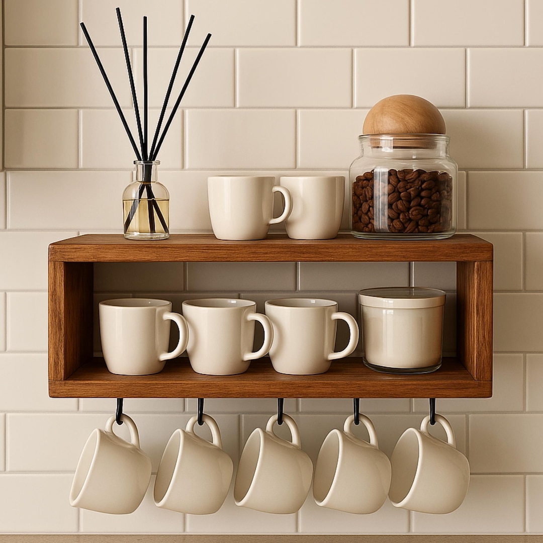 Handcrafted Pine Coffee Cup Rack: Kitchen Shelf Organizer With Hanging ...