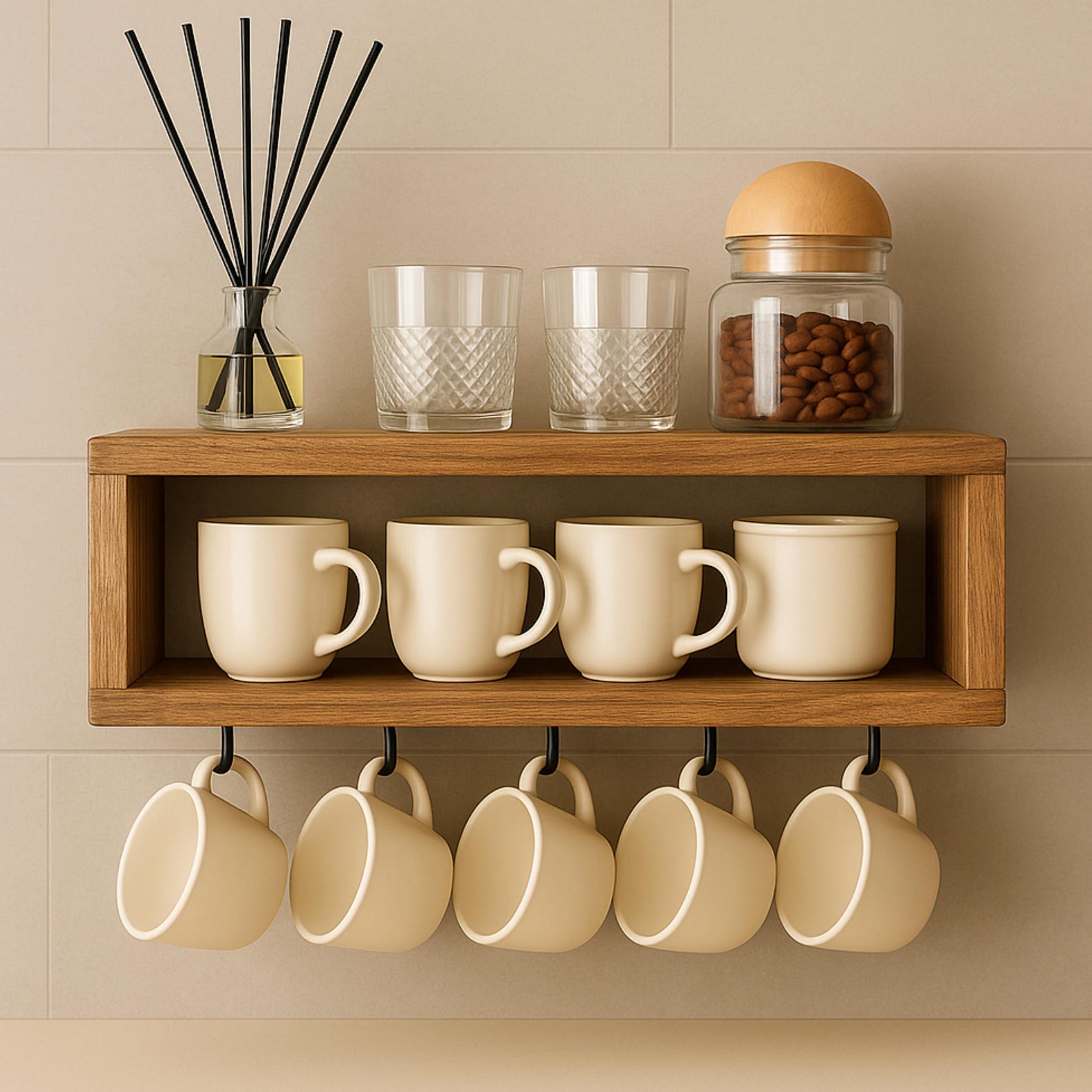 Handcrafted Pine Coffee Cup Rack: Kitchen Shelf Organizer With Hanging ...