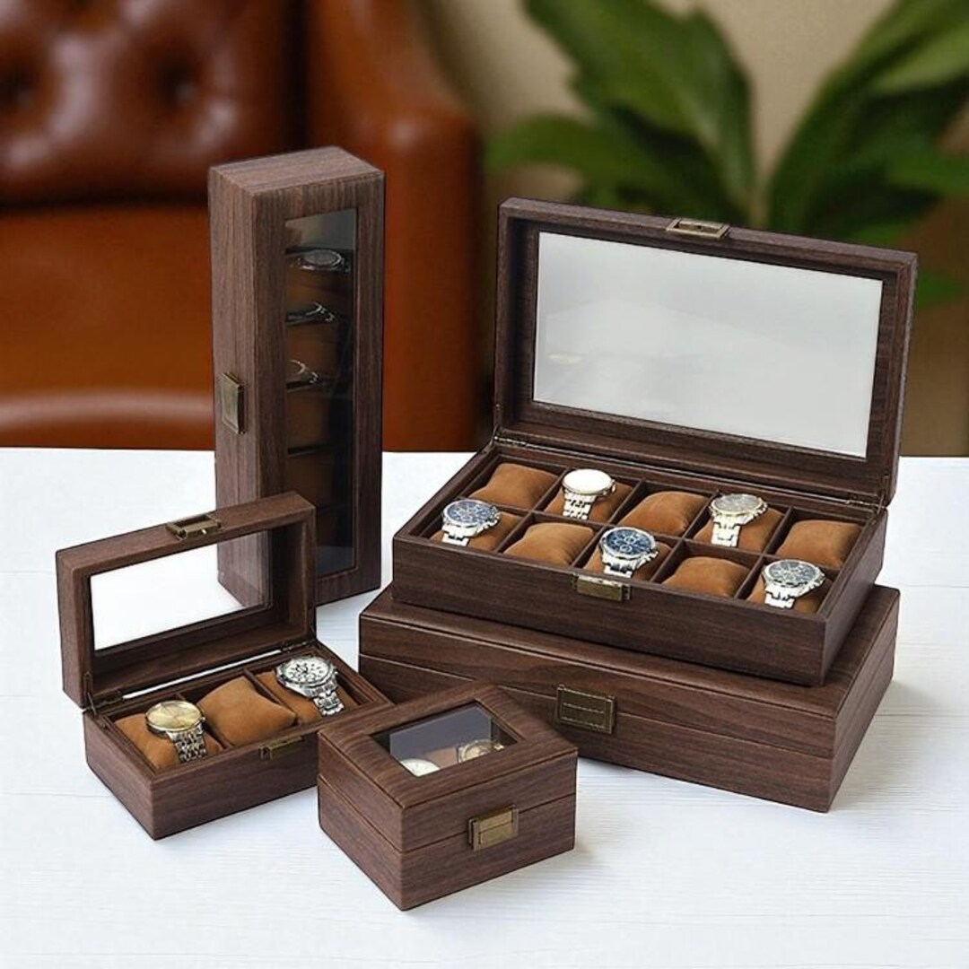 Walnut Wood Watch Box Organizer: Glass Lid Jewelry Display Case - Etsy